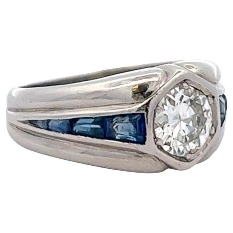 Art Deco Diamond Sapphire Platinum Bezel Set Ring For Sale at 1stDibs
