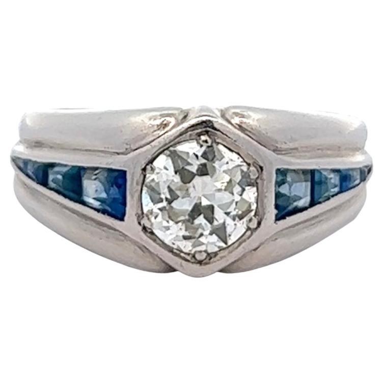 Art Deco Diamond Sapphire Platinum Bezel Set Ring For Sale at 1stDibs