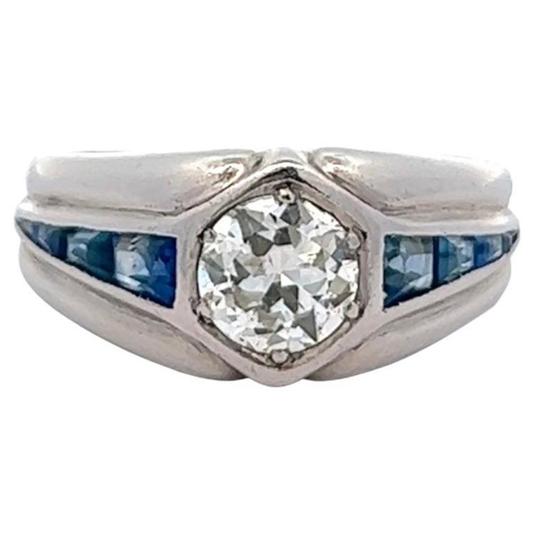 Art Deco Diamond Sapphire Platinum Bezel Set Ring For Sale at 1stDibs