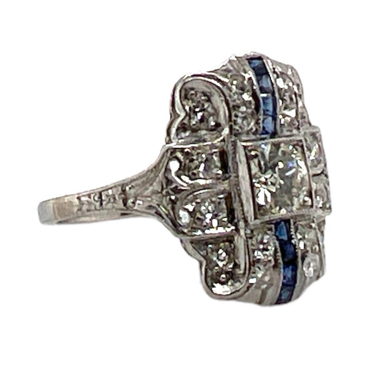 Art Deco Diamond Sapphire Platinum Cocktail Estate Ring For Sale at 1stDibs
