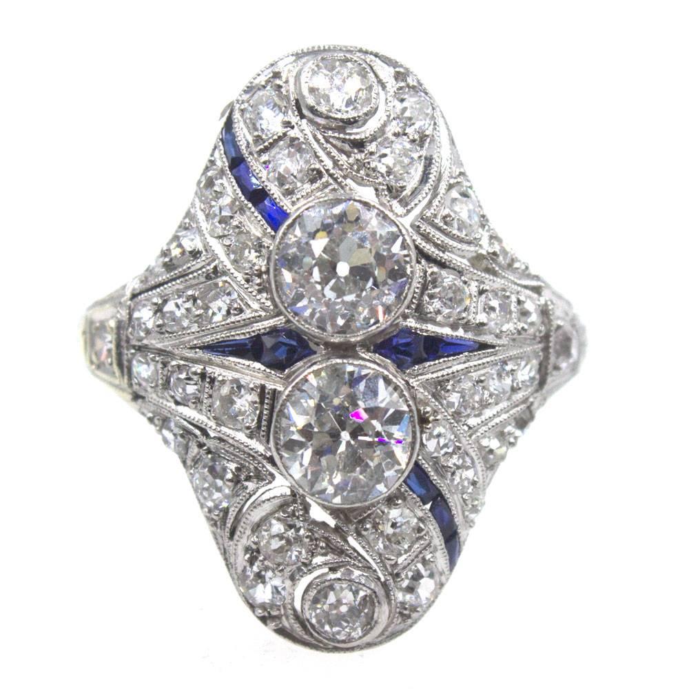 Art Deco Diamond Sapphire Platinum Cocktail Ring at 1stDibs | art deco ...