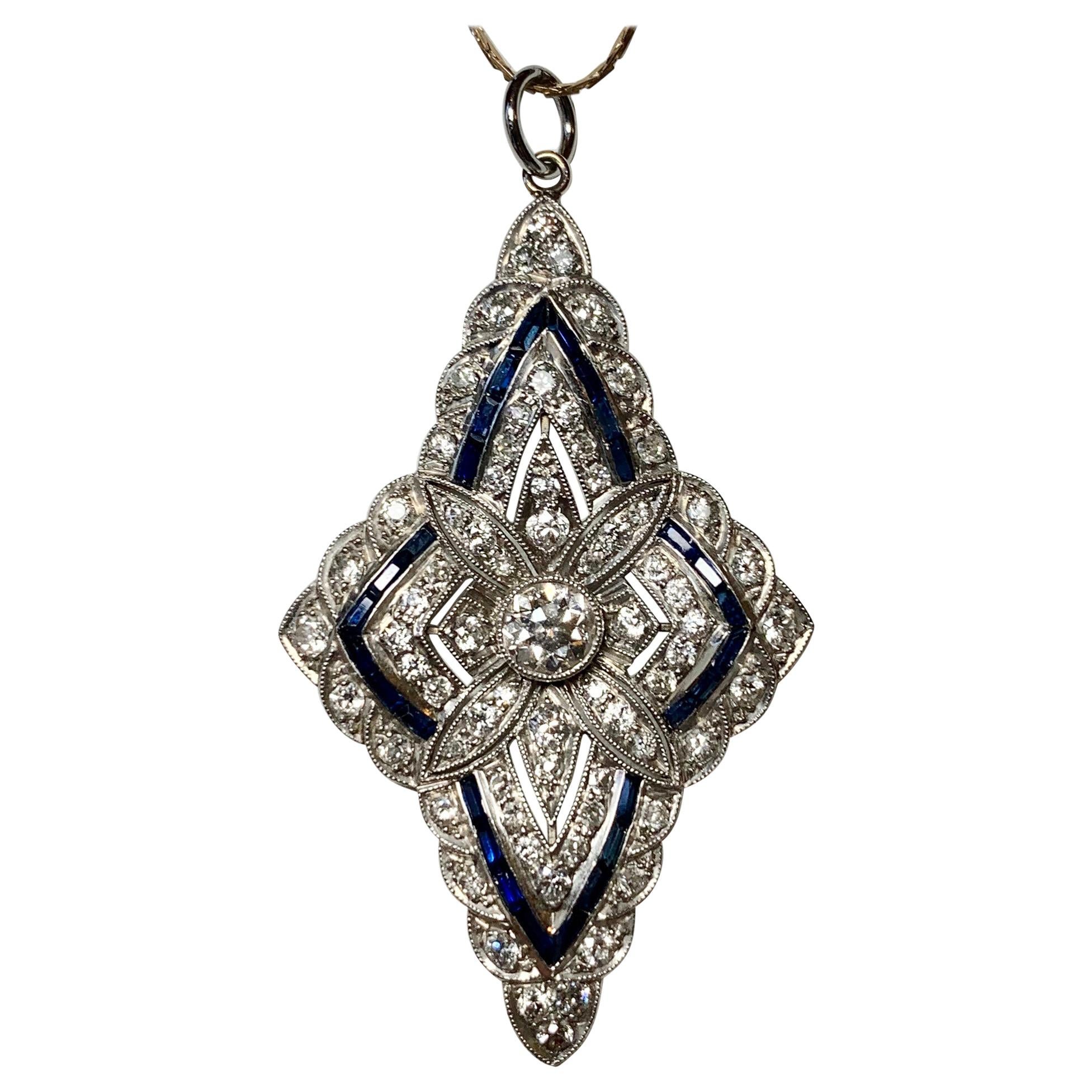 Art Deco Sapphire Champagne Diamond Platinum Necklace For Sale at 1stdibs