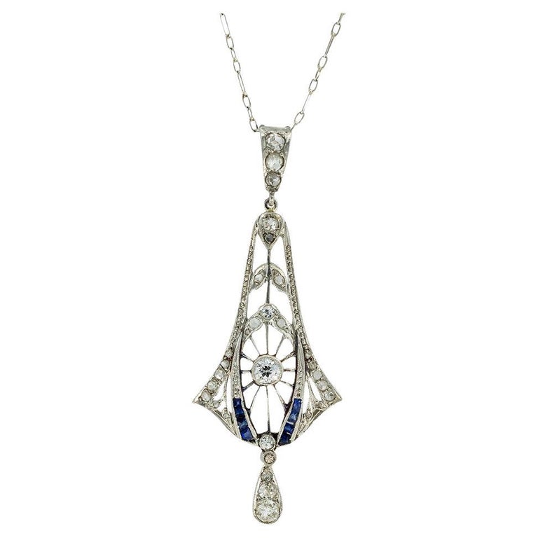 Art Deco Diamond Sapphire Platinum Pendant Necklace at 1stDibs