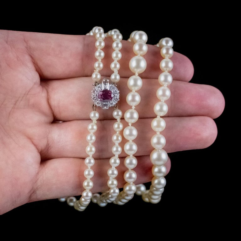 Art Deco Double Pearl Necklace Ruby Diamond 18ct Gold Clasp with Cert ...