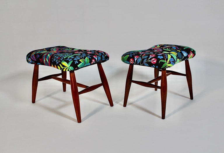 Art Deco Duo Pair Cherry Black Floral Fabric Stools Josef Frank ...