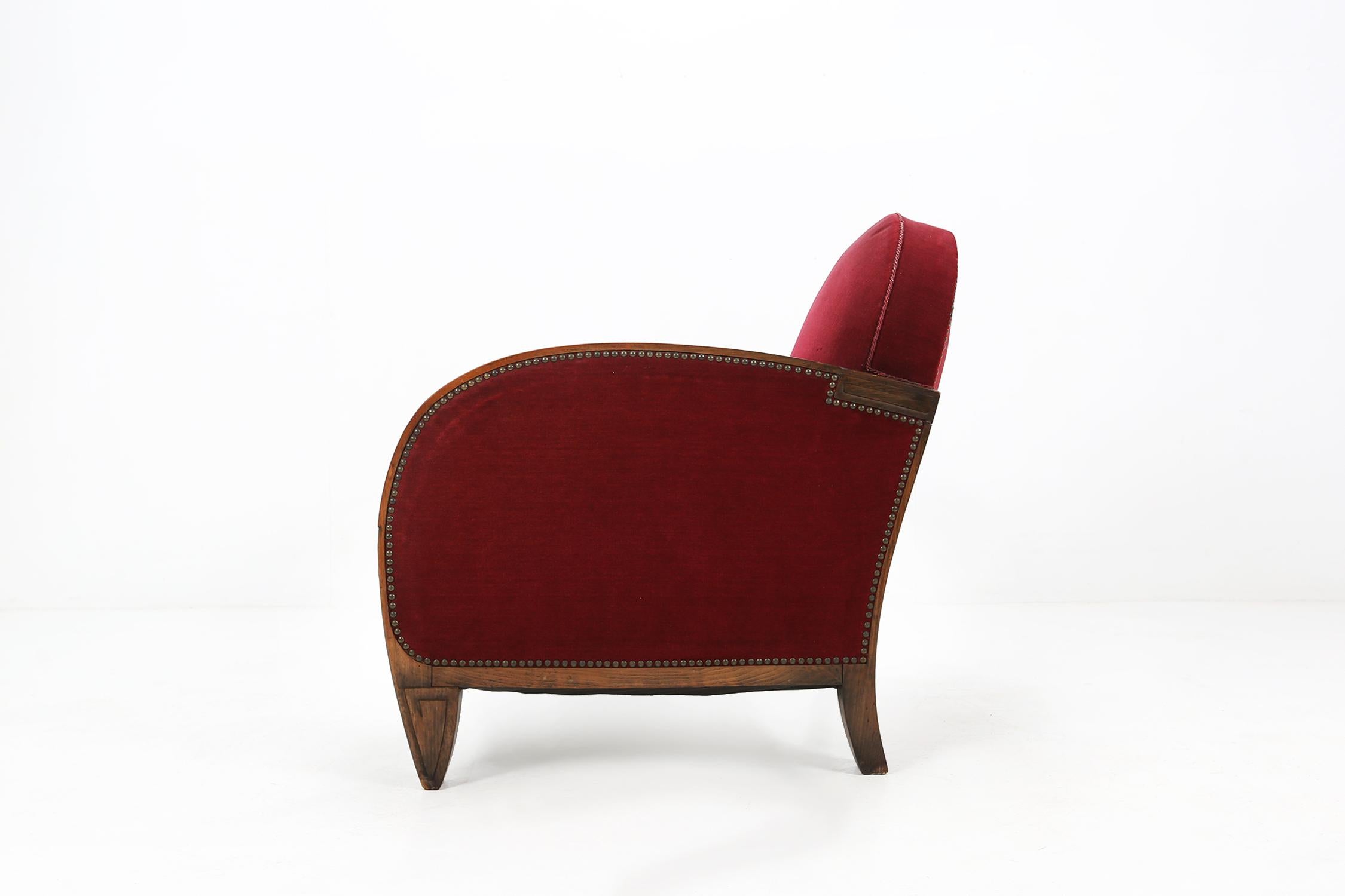 Art Deco Easy Chair in Red Velvet at 1stDibs
