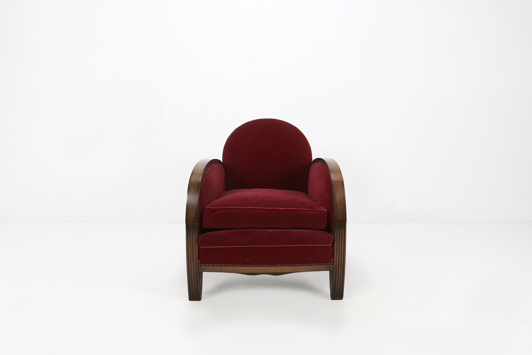 Art Deco Easy Chair in Red Velvet at 1stDibs