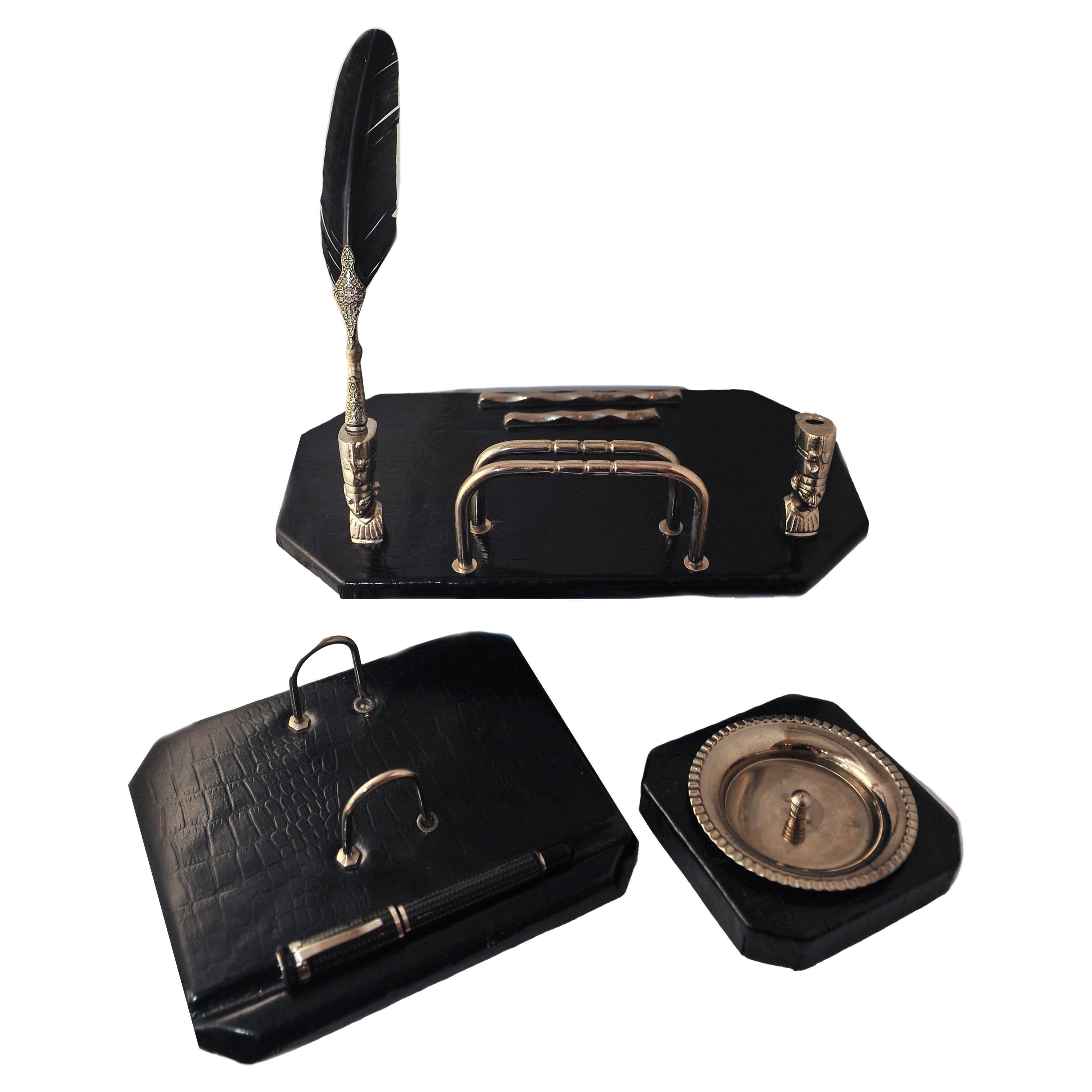 Art Deco Egyptian Faux Snakeskin Writing Desk Set, Ashtray and Letter ...