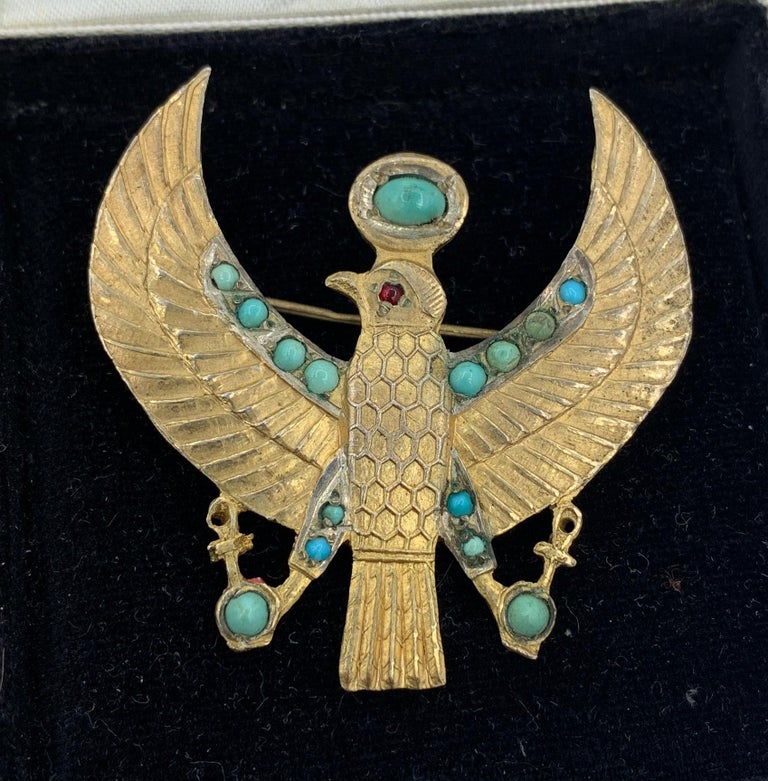 Art Deco Egyptian Revival Horus Falcon Brooch Pendant Necklace Turquoise Garnet For Sale at 1stDibs