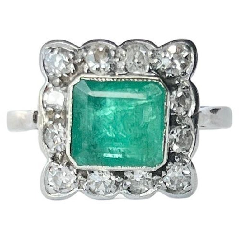 Art Deco Emerald and Diamond 18 Carat Gold Cluster Ring For Sale at 1stDibs