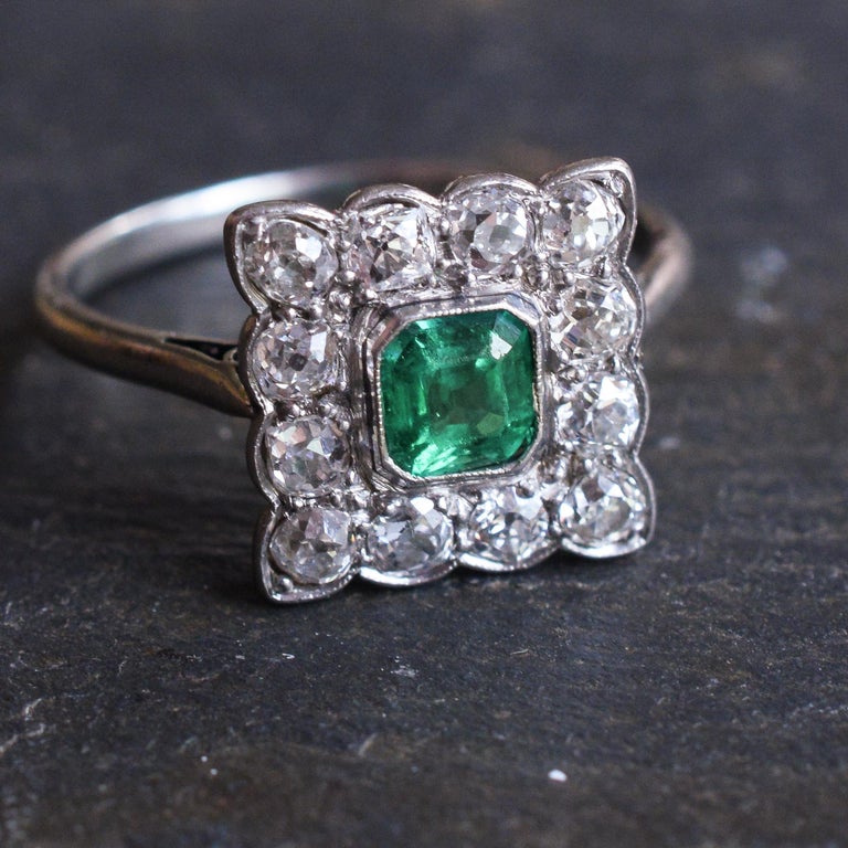 Art Deco Emerald Diamond Square Cluster Ring at 1stDibs