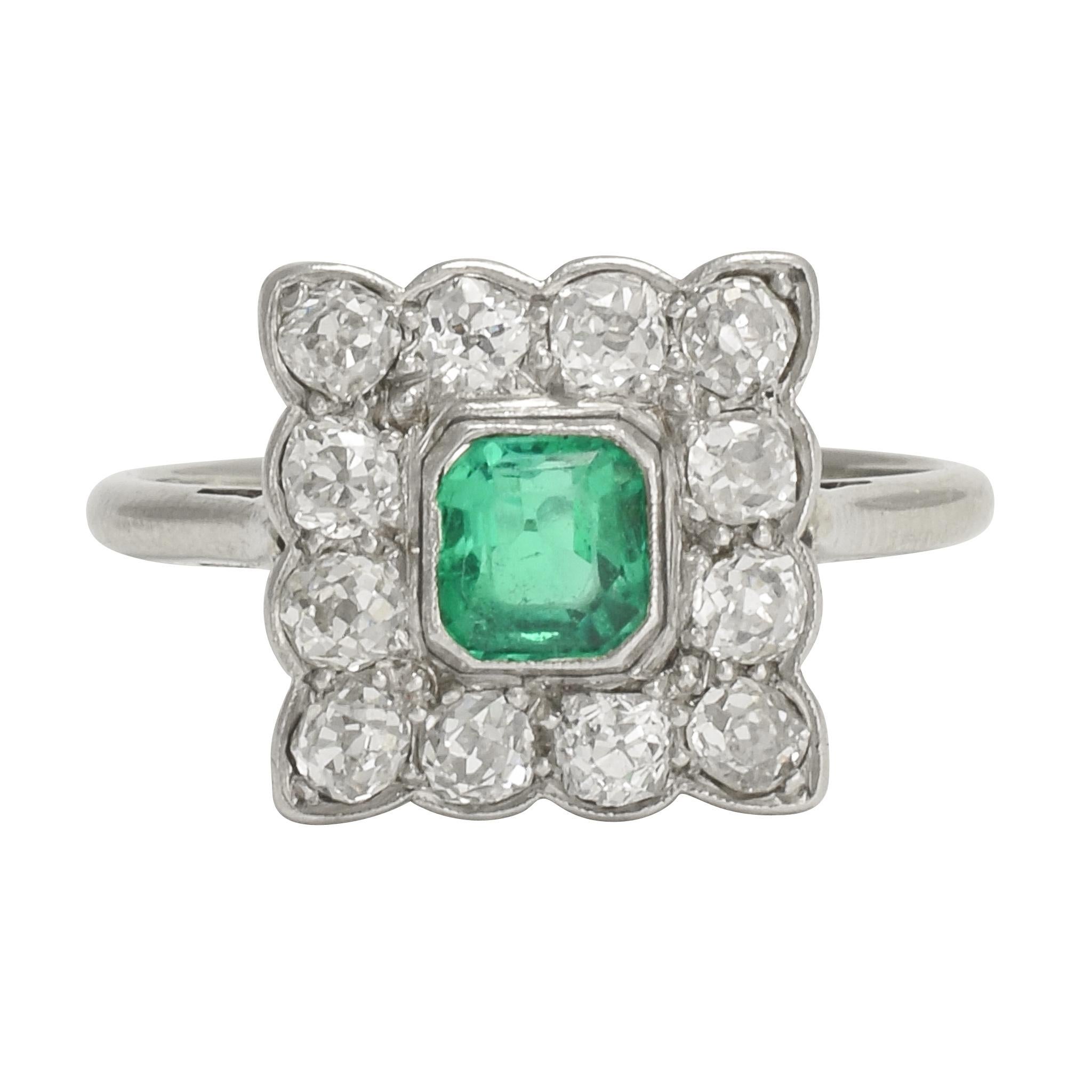 Art Deco Emerald Diamond Square Cluster Ring at 1stDibs
