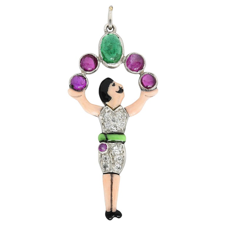 Art Deco Emerald Ruby Diamond Enamel Platinum Juggling Circus Man Charm ...