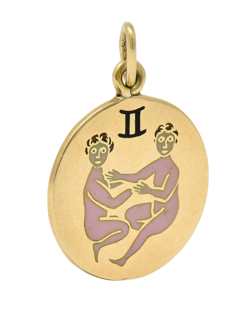 Art Deco Enamel 14 Karat Gold Gemini Zodiac Charm at 1stDibs
