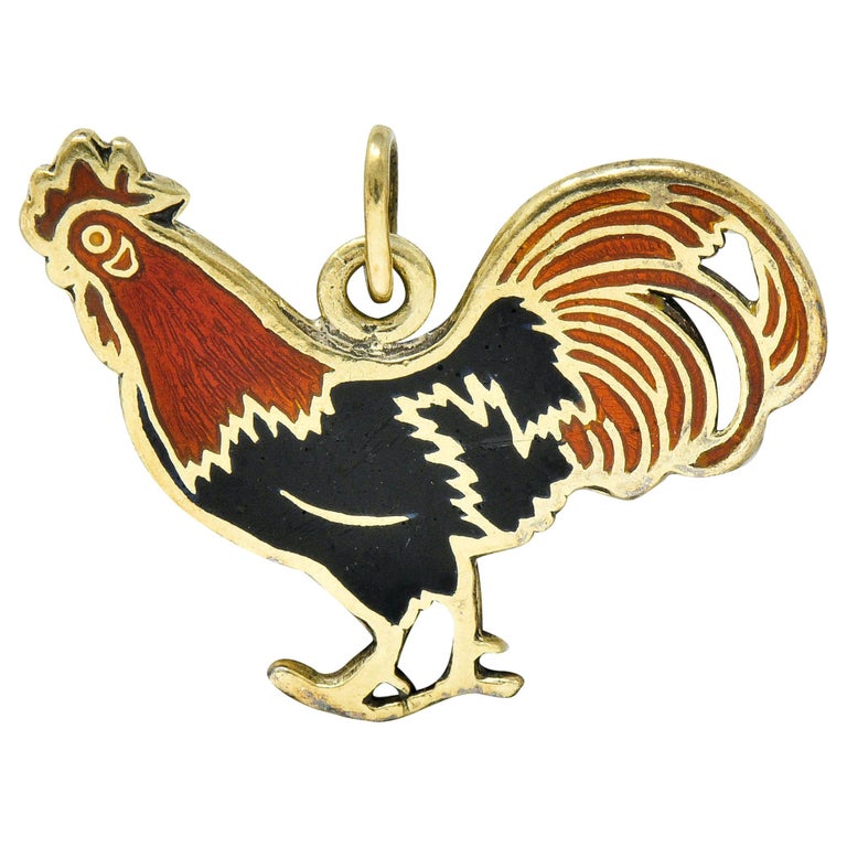 Art Deco Enamel 14 Karat Gold Rooster Charm at 1stDibs