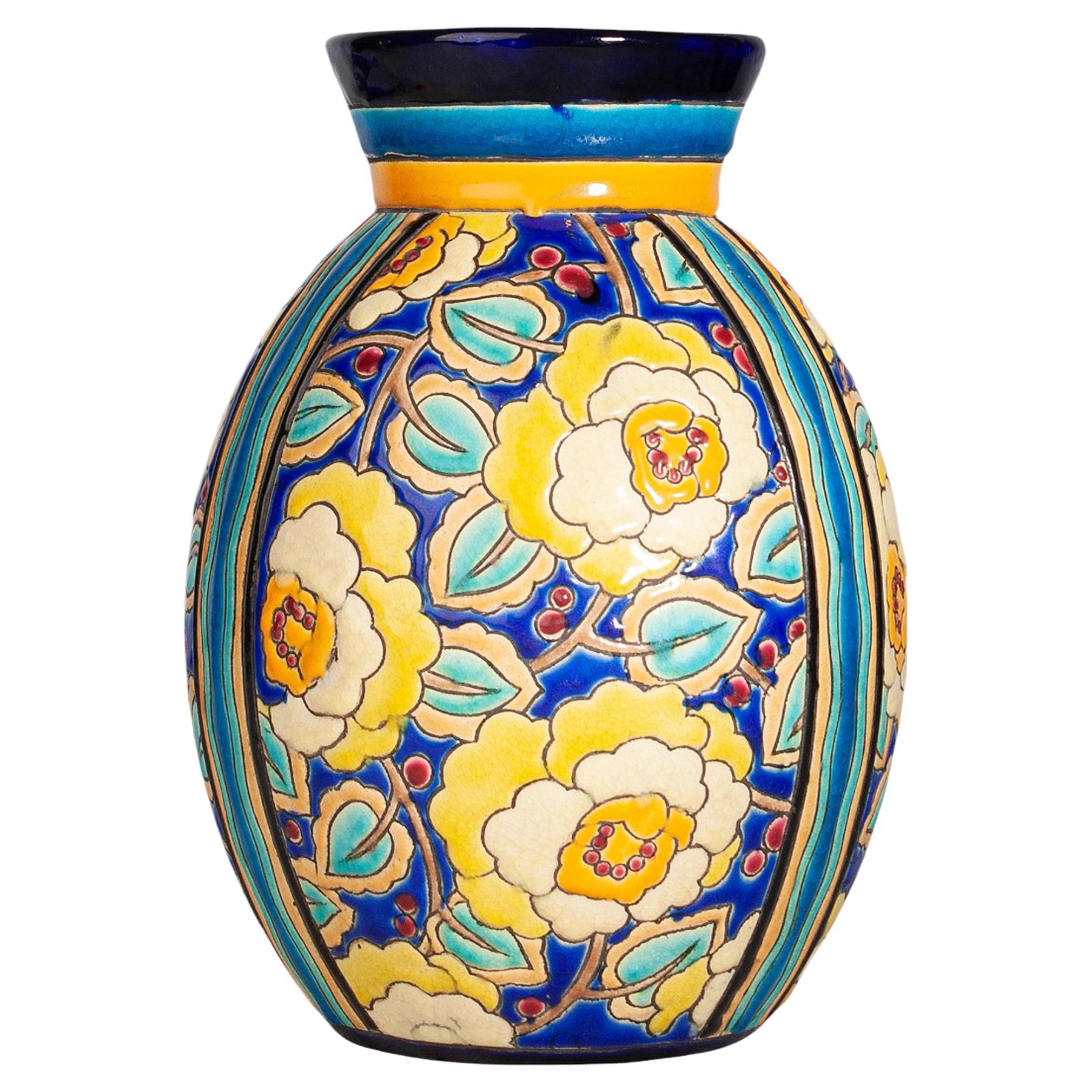 Large Art Deco Ceramic Vase in Orange-Red-Black-Beige by Boch Frères ...