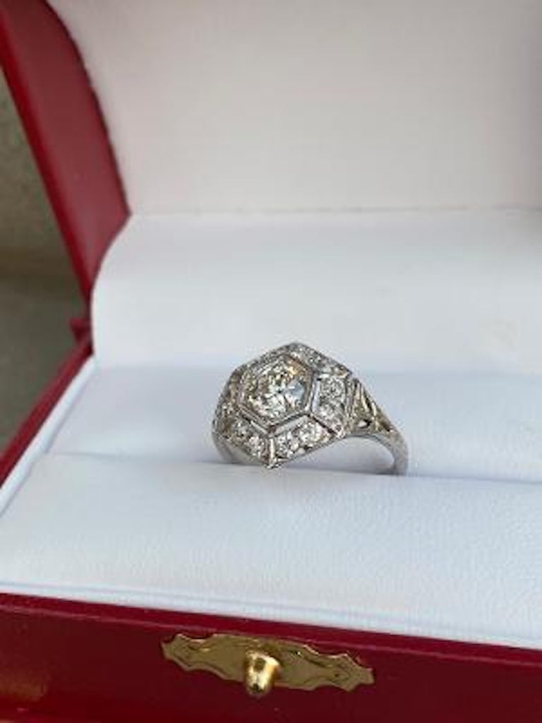 Art Deco Era 2.20 Carat Diamond and Platinum Fancy Hexagon Shaped Ring ...