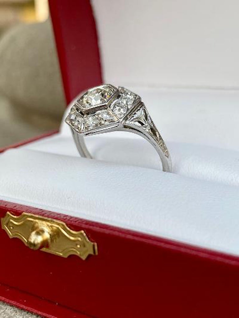Art Deco Era 2.20 Carat Diamond and Platinum Fancy Hexagon Shaped Ring ...