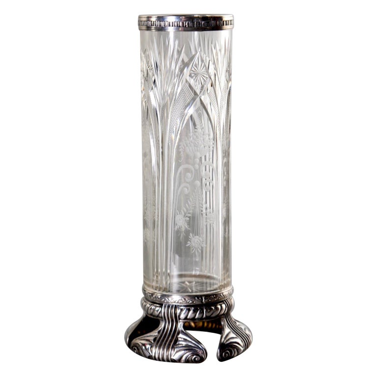 Art Deco Etched Crystal Vase with Sterling Rim and Base at 1stDibs