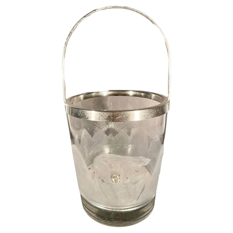 Art Deco Etched Glass and Silver Plate Ice Bucket W/ a Polar Bear on an ...