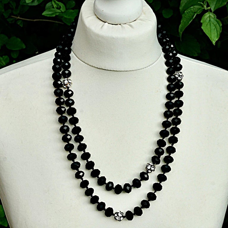 Art Deco Faceted French Jet and Rhinestone Ball Bead Necklace circa ...