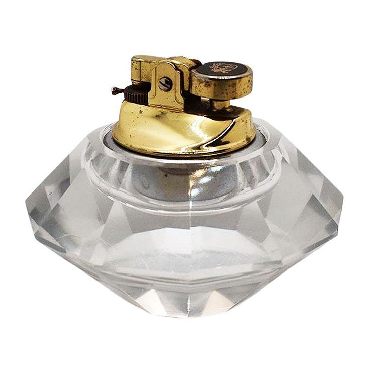 Art Deco Faceted Glass Crystal Table Lighter with Lion Crest by Calibri ...