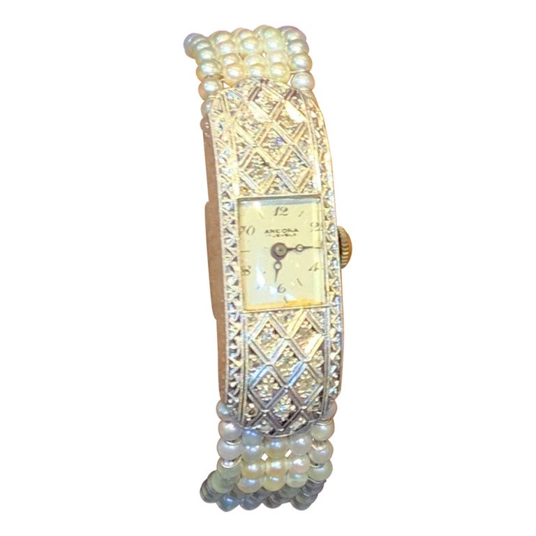 Art Deco Five Strand Pearl and Diamond Watch For Sale at 1stDibs