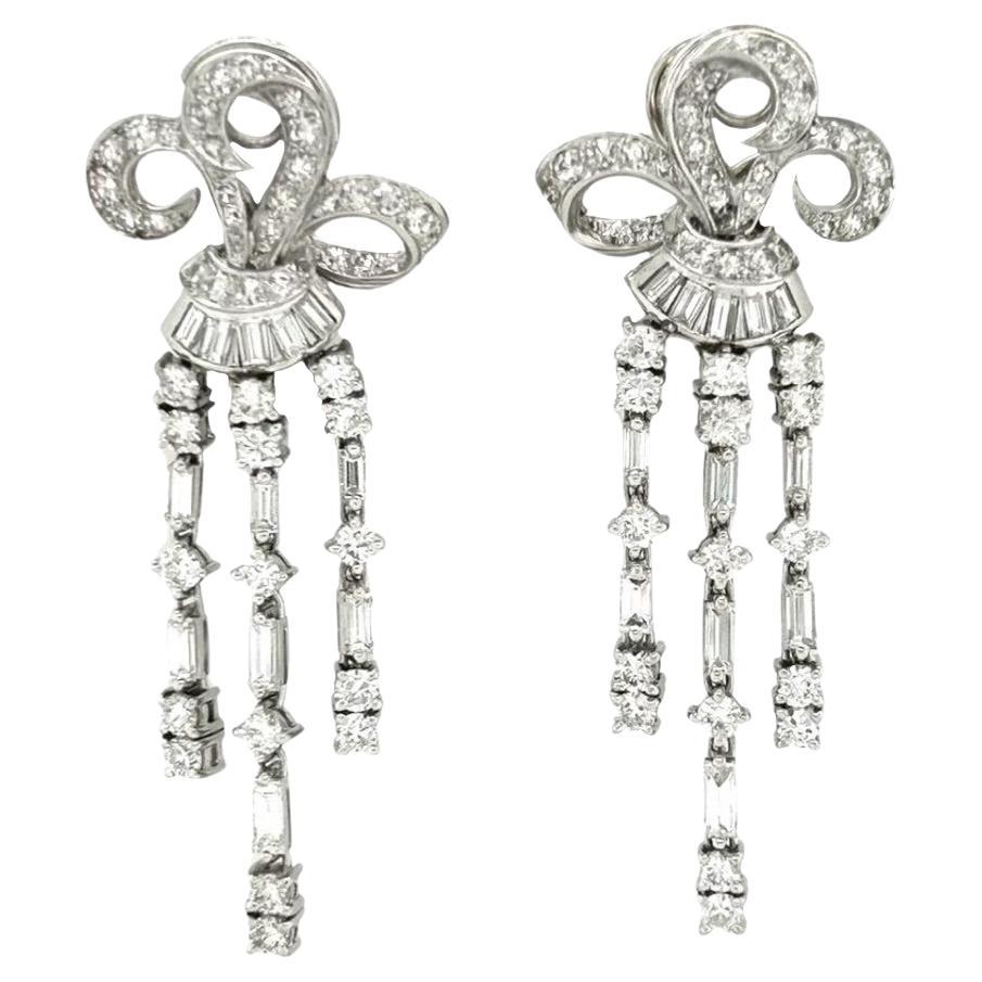 Art Deco Fleur De Lis Drop Dangle White Gold Diamond Earrings For