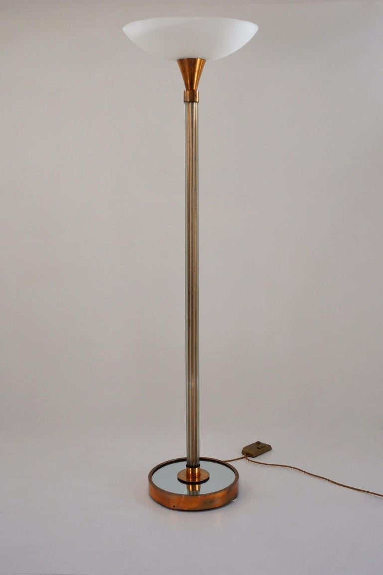 Art Deco Floor Lamp Torchiere, Glass and Copper on Brass, 1930s ...