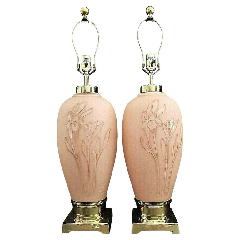 Art Deco Floral Relief Table Lamps - A Pair by Vianne Glass of France ...