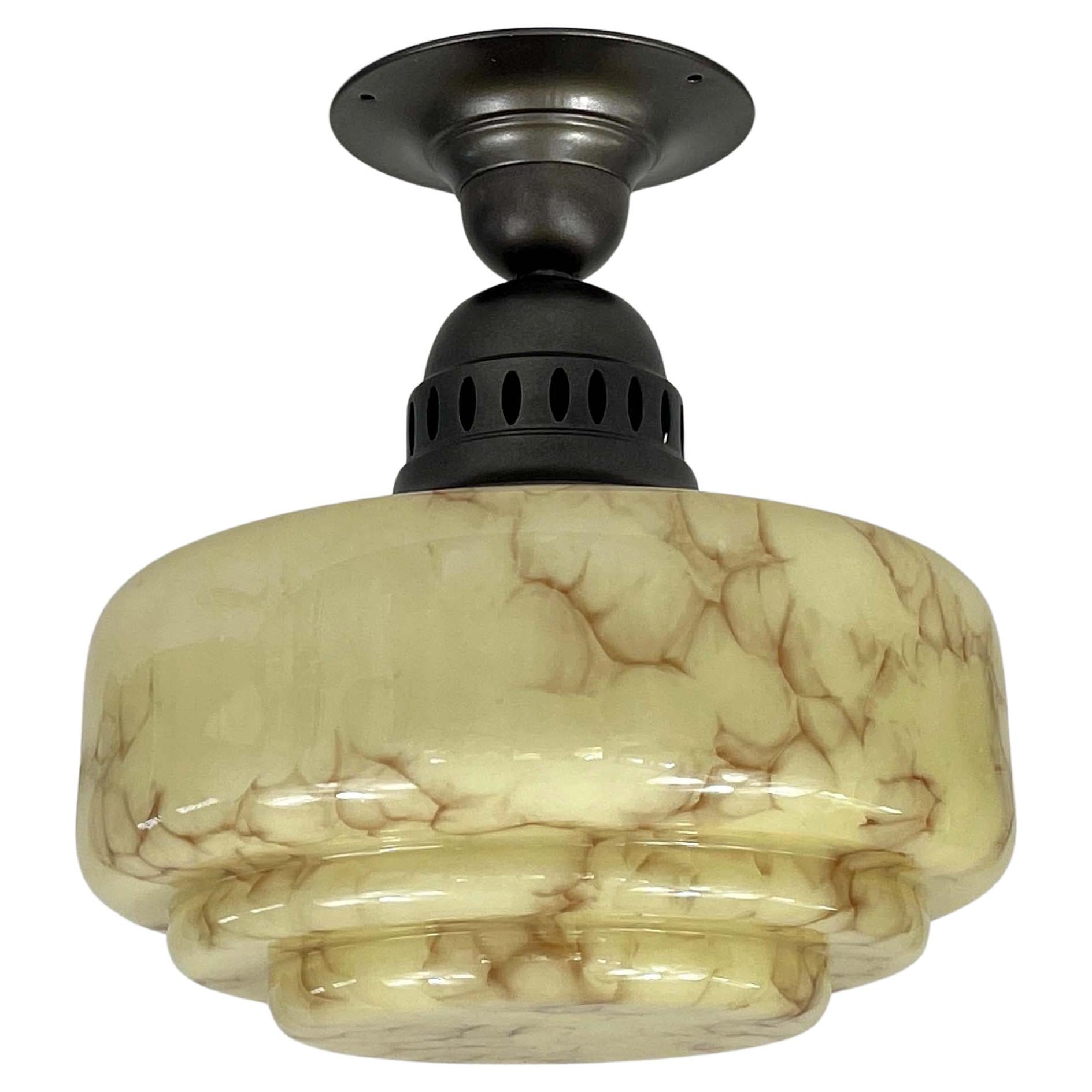 Art Deco Flush Mount, Marbled Opaline Glass and Burnished Metal ...
