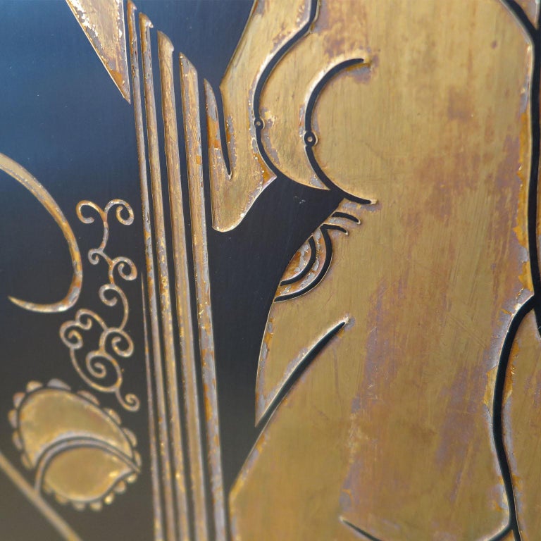 Art Deco Four Panel Screen with Nymph and Nature Motif in Gold Leaf ...