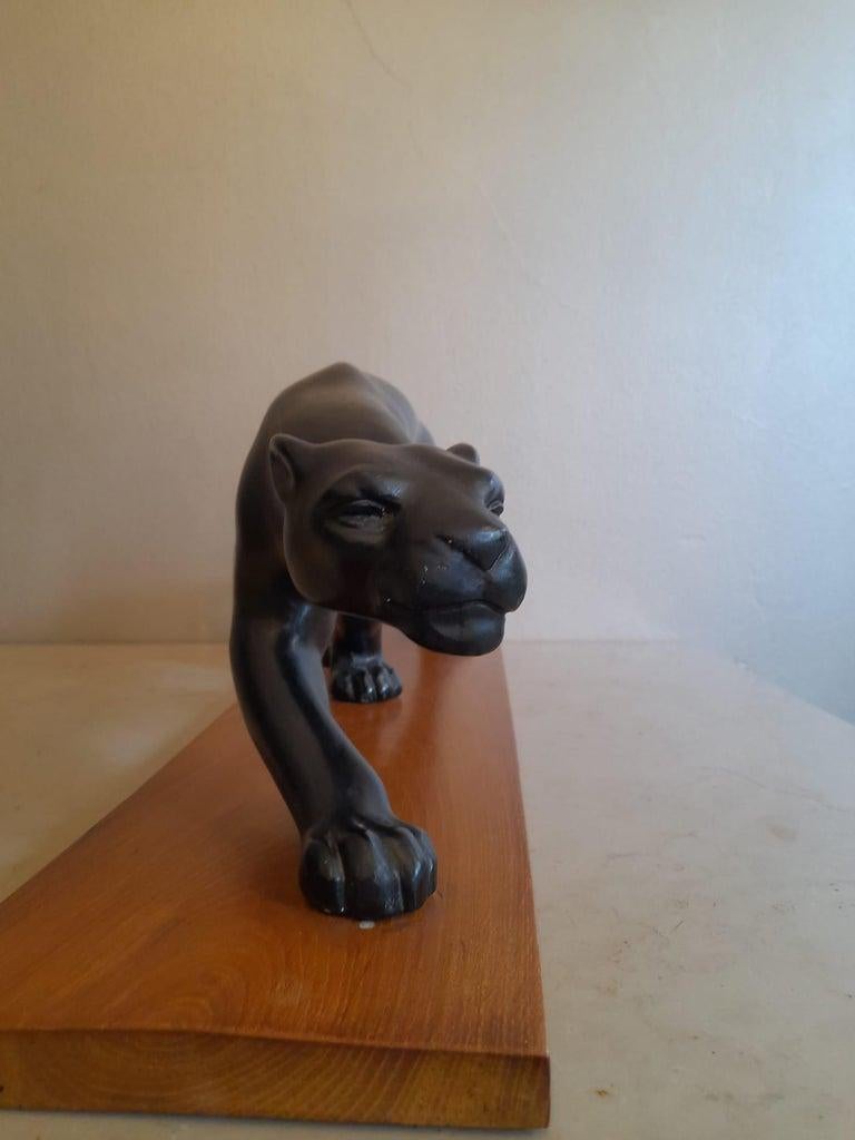Art Deco French Black Lacquered Gypsum on Oak Base Panther Sculpture ...