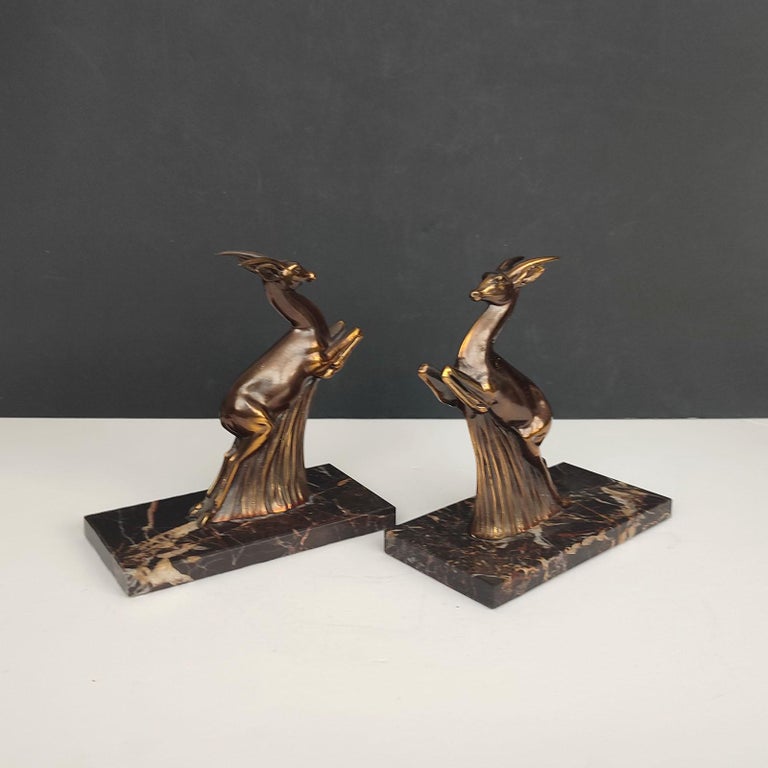 Art Deco French Bookends Springbok Antelopes on Marble Bases, circa ...