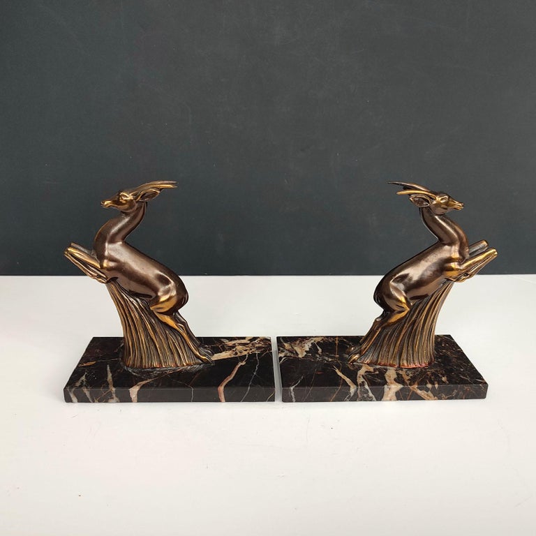 Art Deco French Bookends Springbok Antelopes on Marble Bases, circa ...