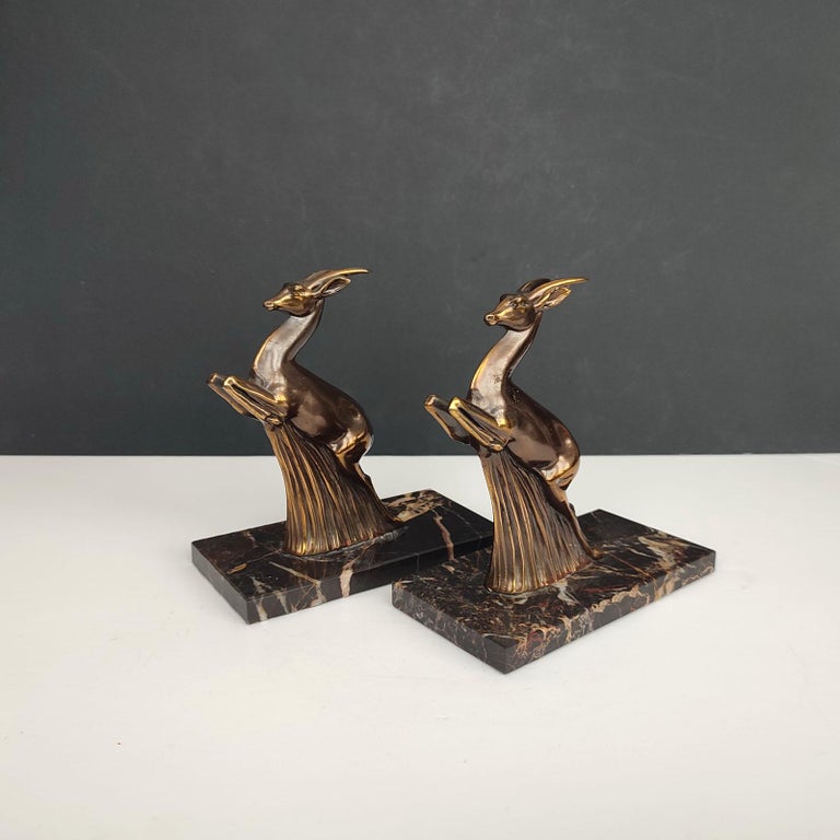 Art Deco French Bookends Springbok Antelopes on Marble Bases, circa ...
