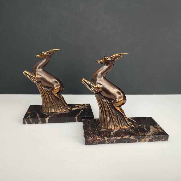Art Deco French Bookends Springbok Antelopes on Marble Bases, circa ...