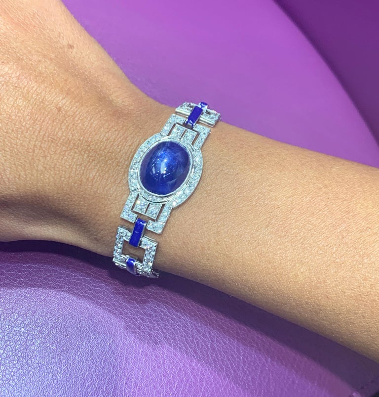 Art Deco French Cabochon Sapphire and Enamel Diamond Bracelet For Sale ...