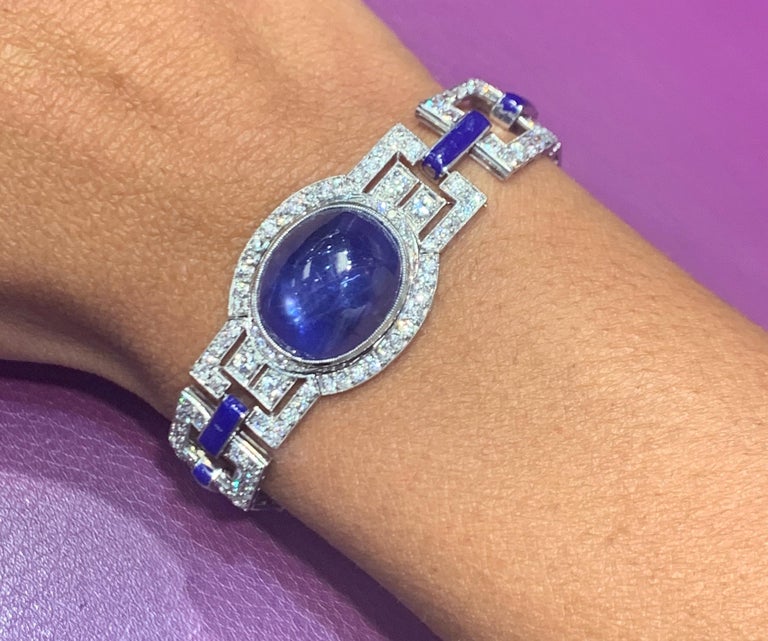 Art Deco French Cabochon Sapphire and Enamel Diamond Bracelet For Sale ...