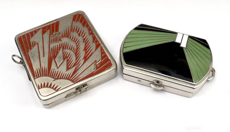 Art Deco French Chrome and Enamel Ladies Powder Compact, C1930s For ...