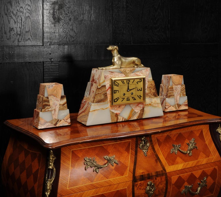 Art Deco French Clock Set, Greyhound For Sale at 1stDibs