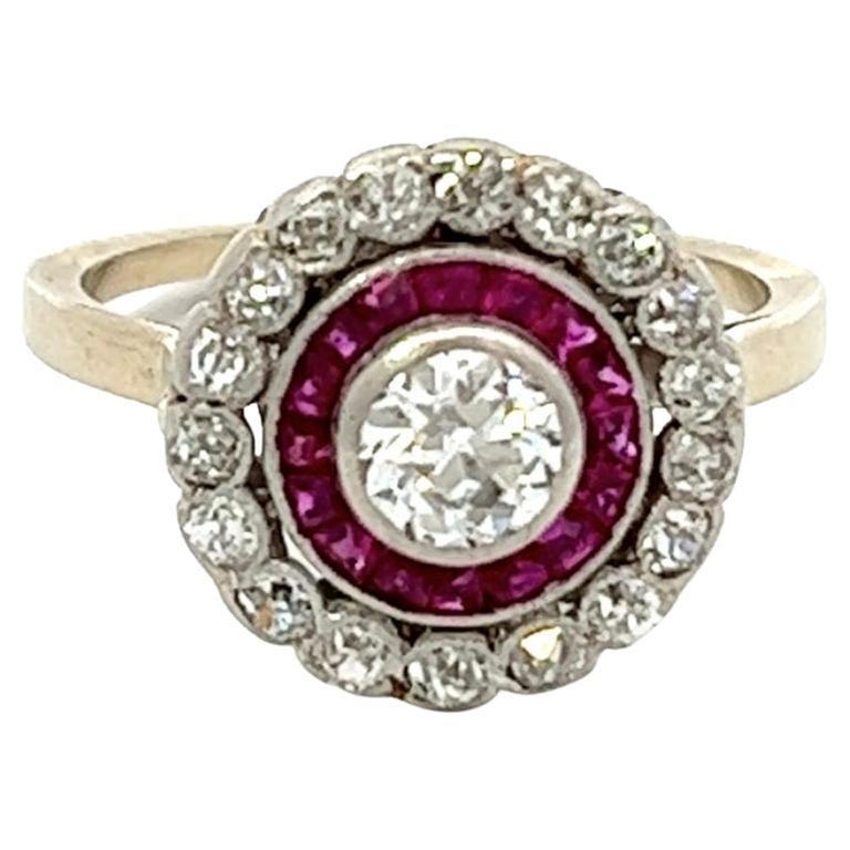 Art Deco French Diamond Ruby 18 Karat White Gold Halo Target Engagement ...