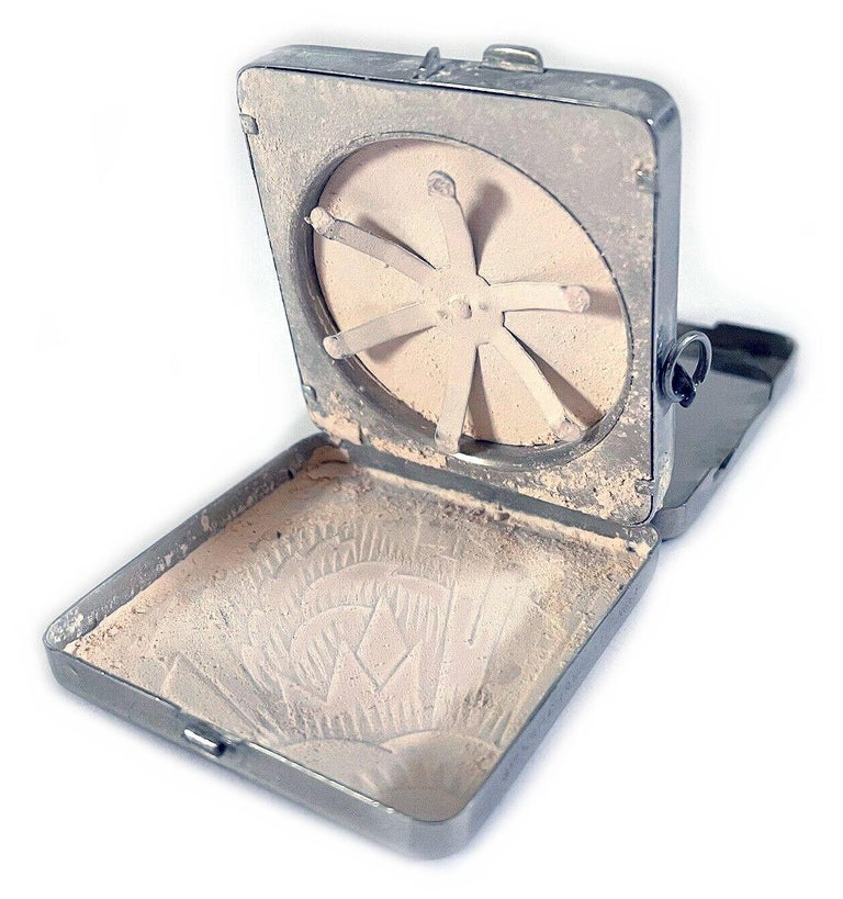 Art Deco French Geometric Chrome and Enamel Ladies Powder Compact ...
