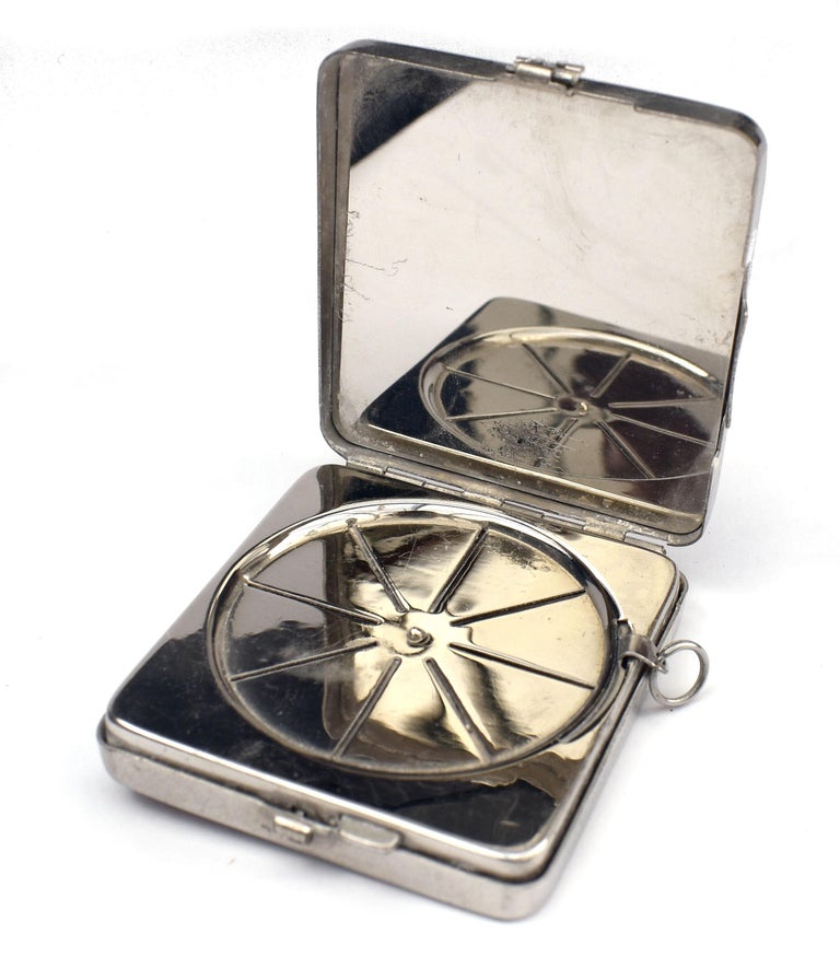 Art Deco French Geometric Chrome and Enamel Ladies Powder Compact ...