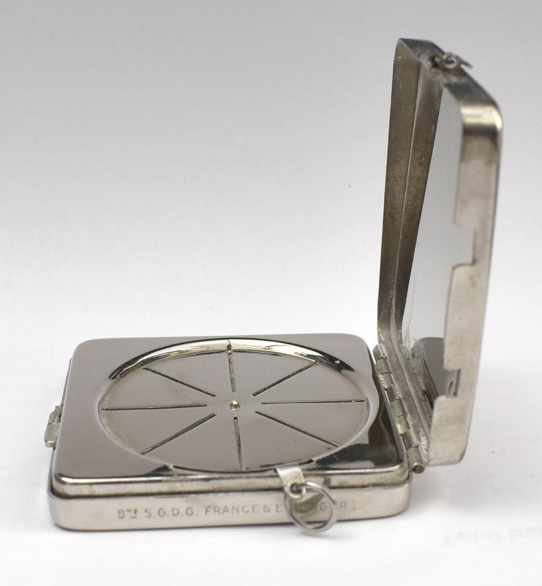 Art Deco French Geometric Chrome and Enamel Ladies Powder Compact ...