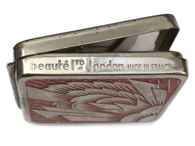 Art Deco French Geometric Chrome and Enamel Ladies Powder Compact ...