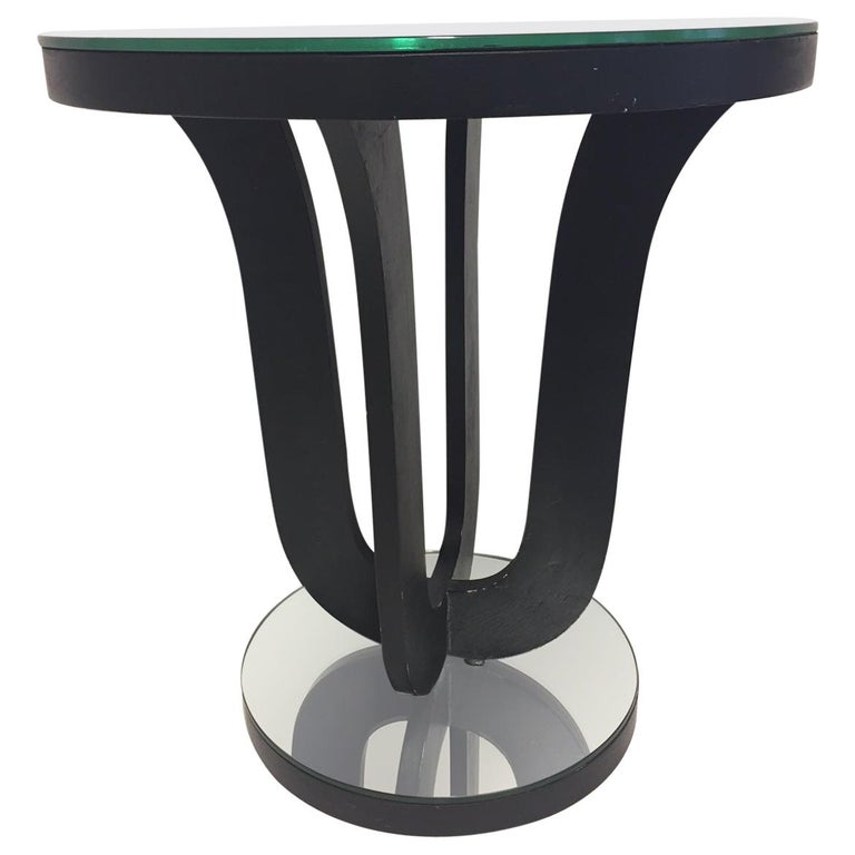 Art Deco French Round Mirror Side Table with Black Painted Wood Base at ...