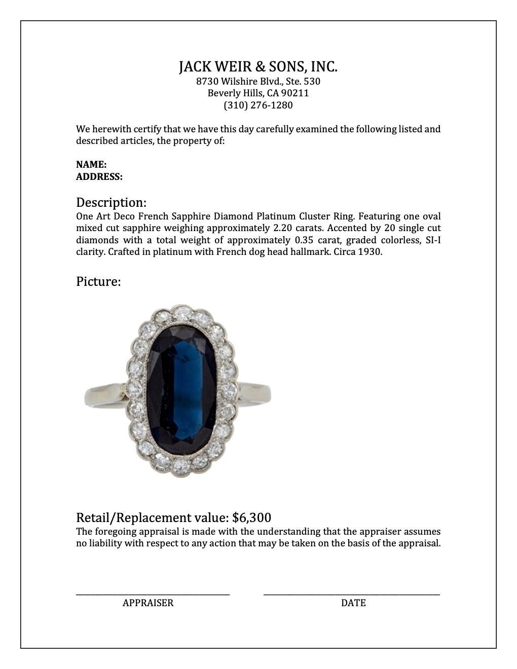 Art Deco French Sapphire Diamond Platinum Cluster Ring For Sale at 1stDibs