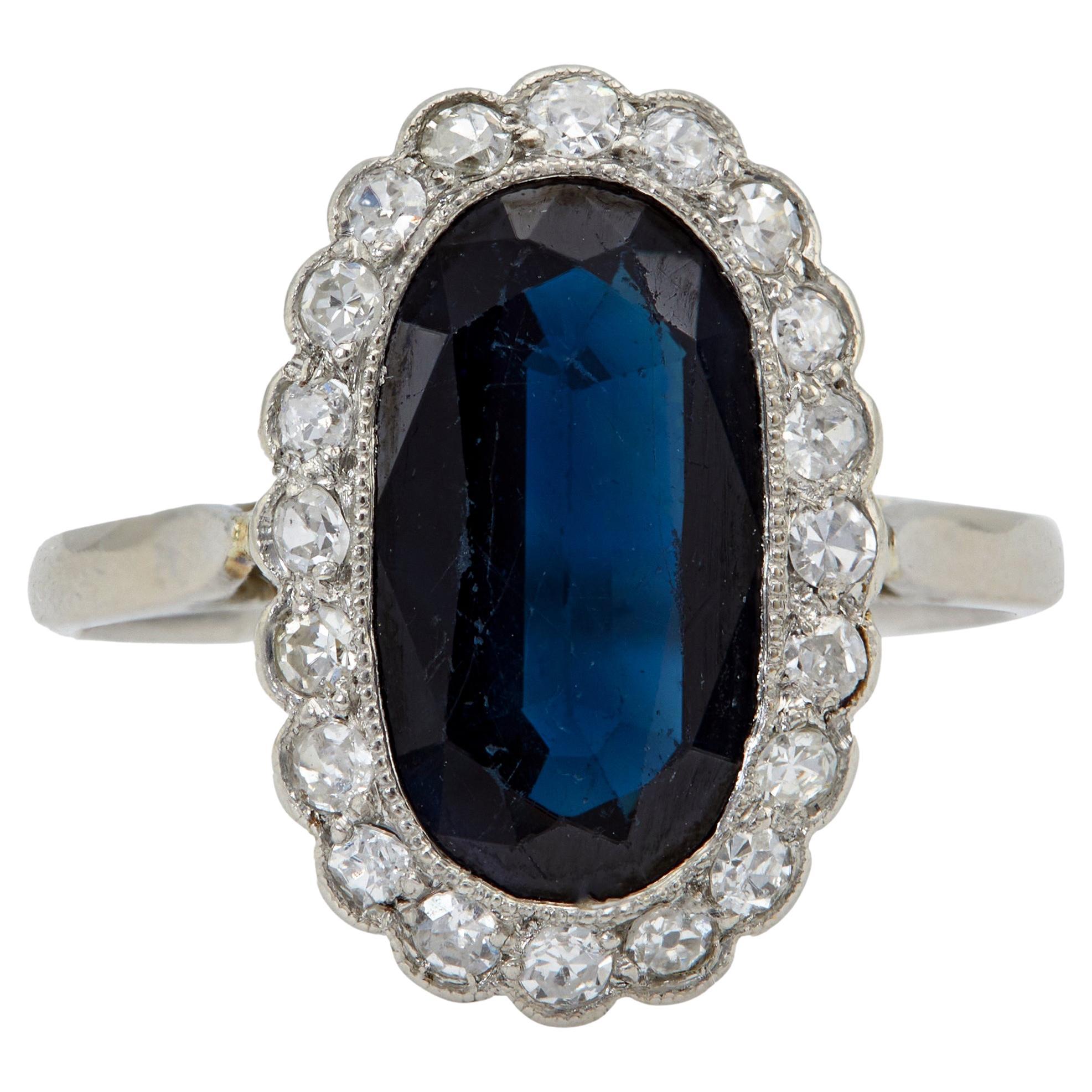 Art Deco French Sapphire Diamond Platinum Cluster Ring For Sale at 1stDibs