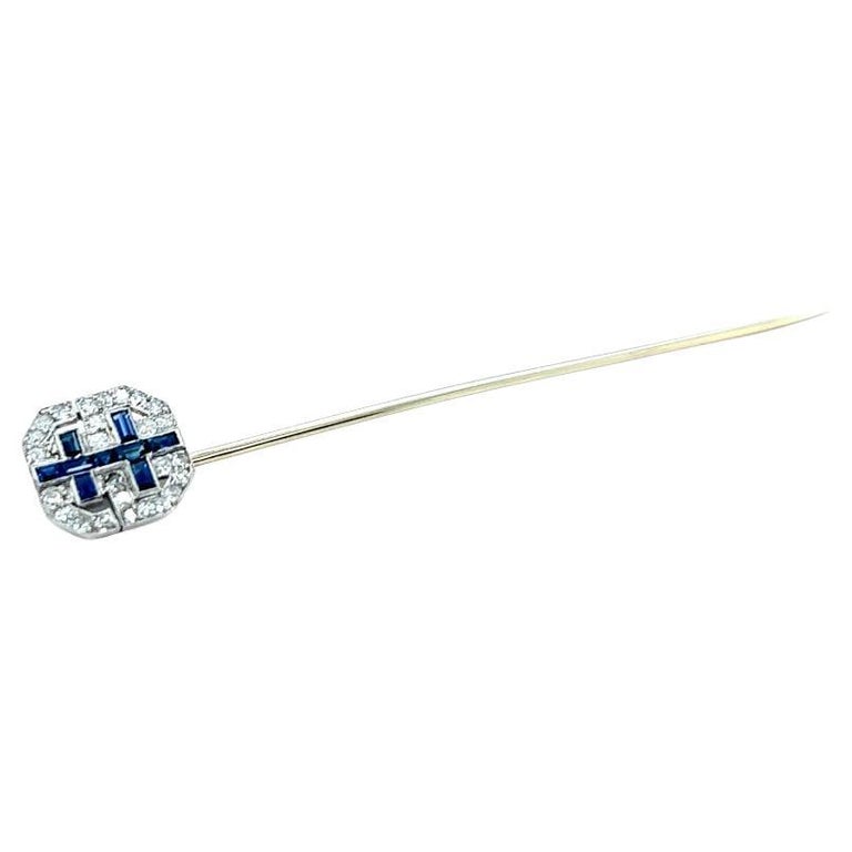 Art Deco French Sapphire Diamond Platinum Stick Pin For Sale at 1stDibs